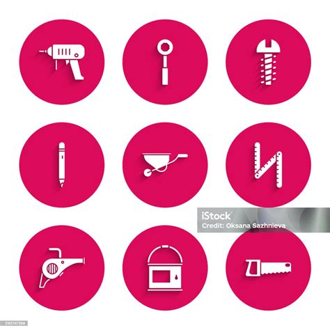 세트 수레 페인트 양동이 손 톱 접는 통치자 잎 정원 송풍기 지우개와 연필 금속 나사 및 전기 드릴 기계 아이콘 벡터 강철에