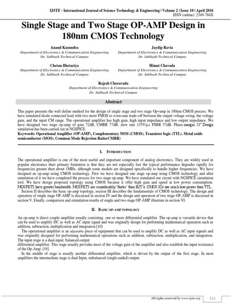 Single Stage And Two Stage Op Amp Design In 180nm Cmos Technology Pdf Mosfet Amplifier