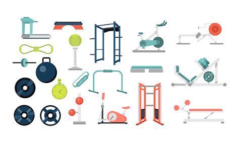 색깔이 있는 다양한 체육관 장비 벡터 그래픽 일러스트 세트의 집합입니다 스포츠 훈련 기구 아령 줄넘기 에어로빅 공 흰색 배경에 고립된 매트의 컬렉션 개체 그룹에 대한 스톡