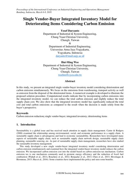 Pdf Single Vendor Buyer Integrated Inventory Model For Deteriorating Items Considering Carbon