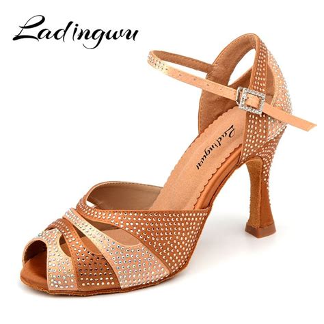 Ladingwu 2018 New Glitter Rhinestone Latin Dance Shoes Women Satin Salsa Dancing Shoes For Woman