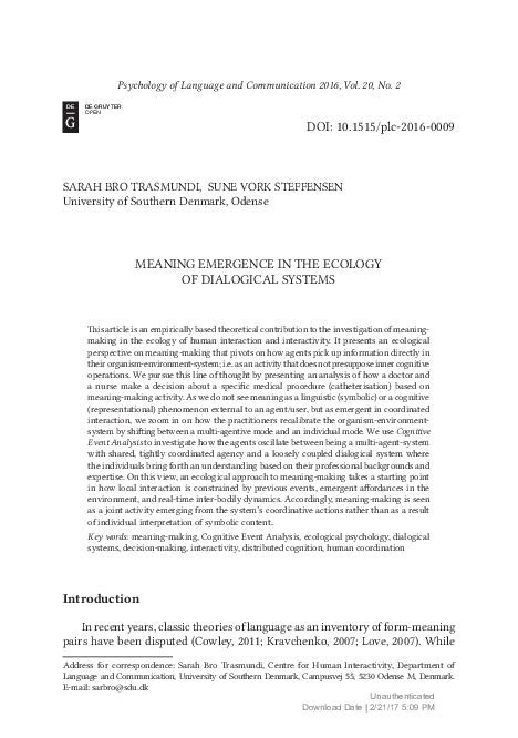 Pdf Meaning Emergence In The Ecology Of Dialogical Systems