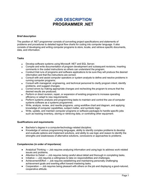 Programmer NET Job Description Template