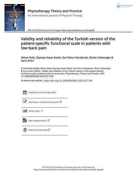Pdf Validity And Reliability Of The Turkish Version Of The Patient Specific Functional Scale