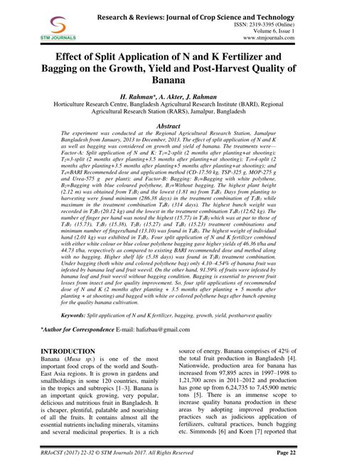 Pdf Effect Of Split Application Of N And K Fertilizer And Bagging On The Growth Yield And
