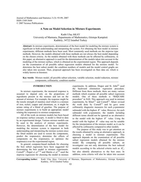 Pdf A Note On Model Selection In Mixture Experiments