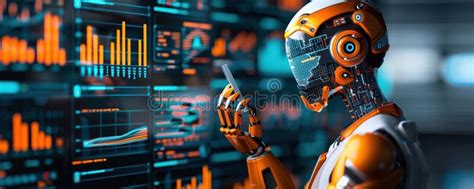 A Futuristic Robot Interacting With Data On Multiple Screens Set In A High Tech Vibrant