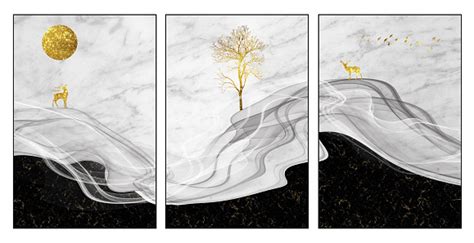 황금빛 태양 나무 사슴 구름 3d 프레임 벽 아트입니다 현대 캔버스 아트 벽화 벽지 풍경 배경 황금색 검은색 및 회색 곡선 대리석 모양 모던 양식에 대한 스톡 사진 및 기타
