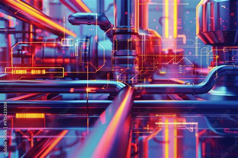 Vibrant Pipeline System Visual With Neon Lights And Digital Overlays Showcasing Modern