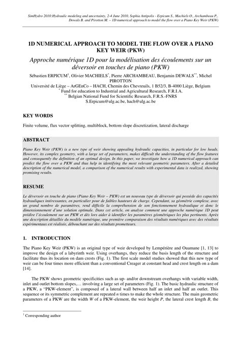 Pdf 1d Numerical Approach To Model The Flow Over A Piano Key Weir Pkw