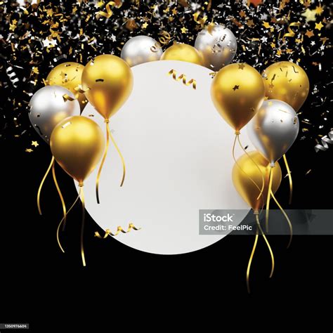 검은 배경 3d 렌더링에 빈 배너와 떨어지는 호일 색종이와 금과 은 풍선 풍선에 대한 스톡 사진 및 기타 이미지 풍선 검은색 금색 Istock