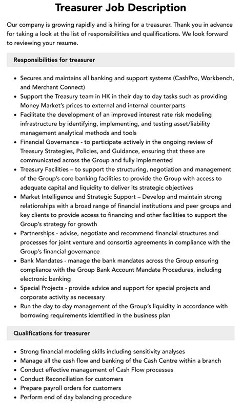 Treasurer Job Description Velvet Jobs