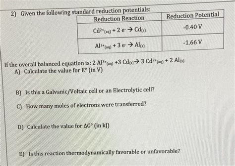 Solved Reduction Potential 2 Given The Following Standard Chegg Com