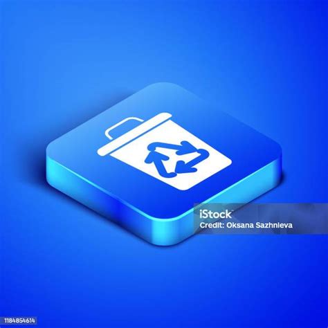 파란색 배경에 격리된 재활용 기호 아이콘이 있는 등각 분석 휴지통 휴지통 아이콘수 있습니다 쓰레기통 기호입니다 바구니 기호를 재활용합니다 파란색 사각형 버튼입니다 벡터