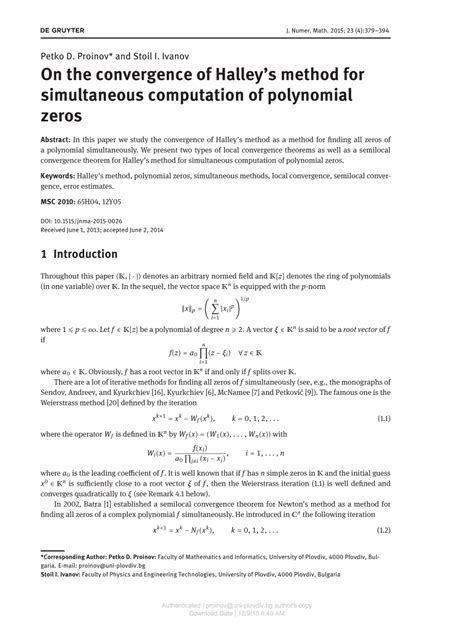 Pdf On The Convergence Of Halleys Method For Simultaneous Computation Of Polynomial Zeros