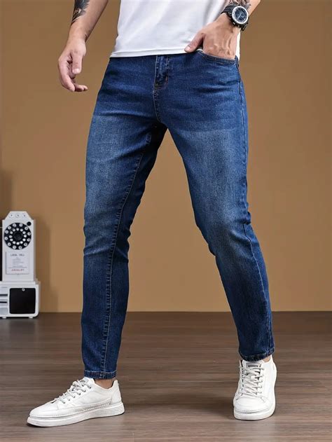 클래식 디자인 슬림 핏 청바지 남성 캐주얼 스트릿 스타일 디스트레스드 미디엄 스트레치 데님 바지 Temu Republic Of Korea