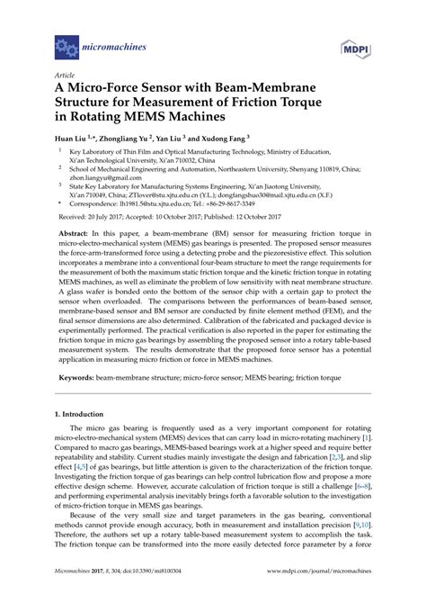Pdf A Micro Force Sensor With Beam Membrane Structure For Measurement Of Friction Torque In