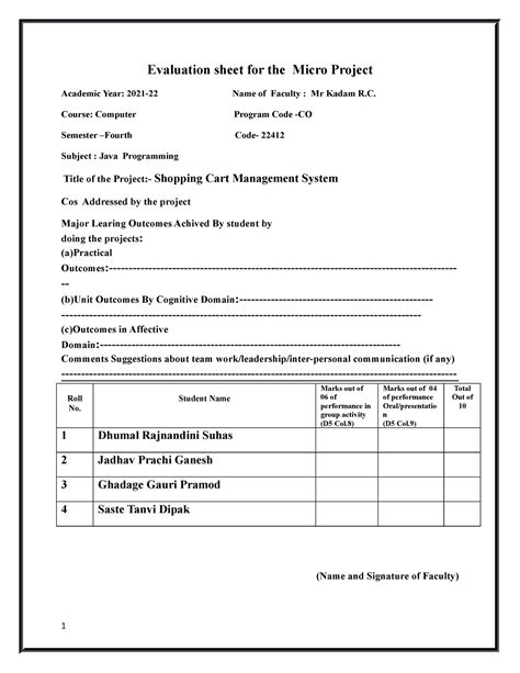 javamicro project evaluation sheet for the micro project academic year 2021 22 name of