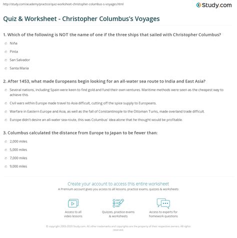 Quiz And Worksheet Christopher Columbuss Voyages