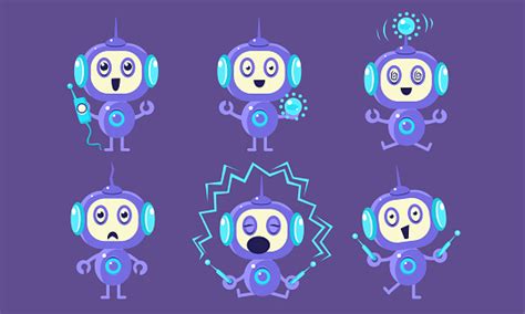 귀여운 로봇 캐릭터 세트 다른 포즈와 다양한 감정 벡터 일러스트에서 사랑스러운 로봇 다양에 대한 스톡 벡터 아트 및 기타 이미지 다양 과학 귀여운 Istock