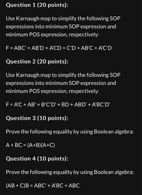 Solved Question 1 20 Points Use Karnaugh Map To Simplify