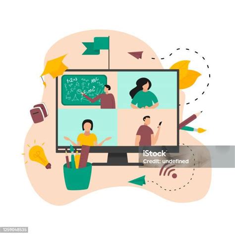 온라인 교육의 일러스트 플랫 디자인 개념 학생들은 전염병 코로나비루스 동안 먼 에서 배운다 벡터 일러스트레이션 Brand Name Online Messaging