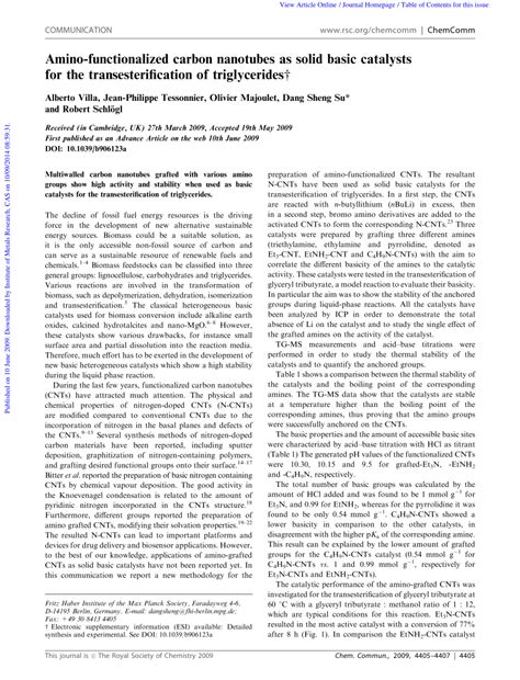 Pdf Amino Functionalized Carbon Nanotubes As Solid Basic Catalysts For The Transesterification