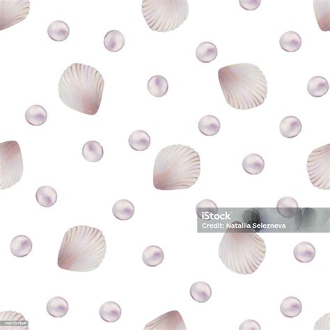조개껍데기와 진주가 있는 수채화 이음매 없는 패턴 손으로 그림을 그리는 클립아트 수중 생물은 흰색의 고립된 배경에 있다 디자이너 장식 엽서 포장지 스크랩북 표지 초대장 웨딩