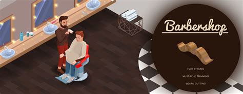 이 발사가 게 액세서리 헤어 살롱 인테리어 미용실 헤어스타일 면도 광고 뷰티 스튜디오의 고객에 대 한 다채로운 그림 하 고 이발소 벡터 아이소메트릭 배너 3차원 형태에 대한