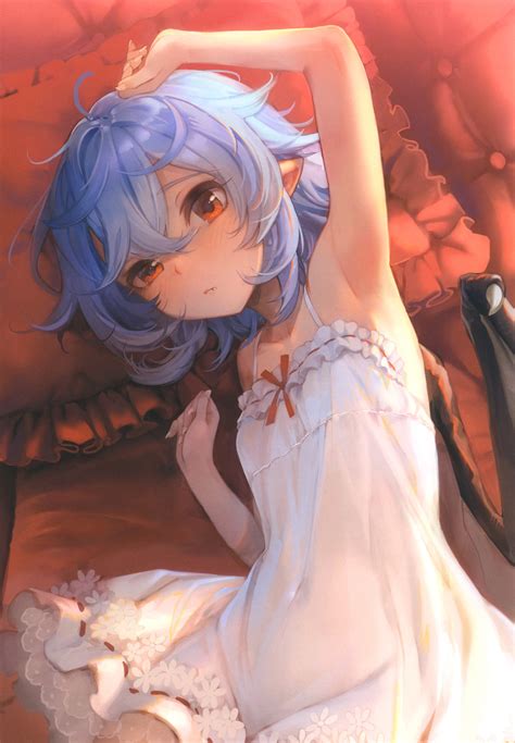 Safebooru 1girl Absurdres Armpits Bat Wings Bed Blue Hair Blush Dress