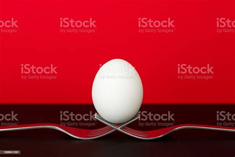 빨간색과 검은색 배경의 두 개의 금속 포크에서 달걀의 균형을 잡는다 0명에 대한 스톡 사진 및 기타 이미지 0명 개념 건강한 식생활 Istock