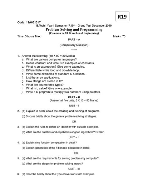 Problem Solving And Programming Grand Test Code 19a05101t B I Year I