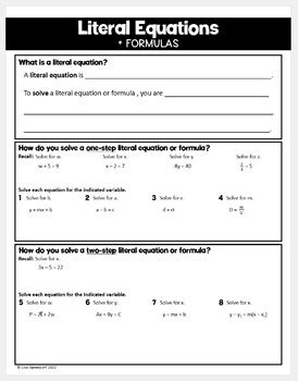 Literal Equations Algebra 1 Binder Notes By Lisa Davenport TpT