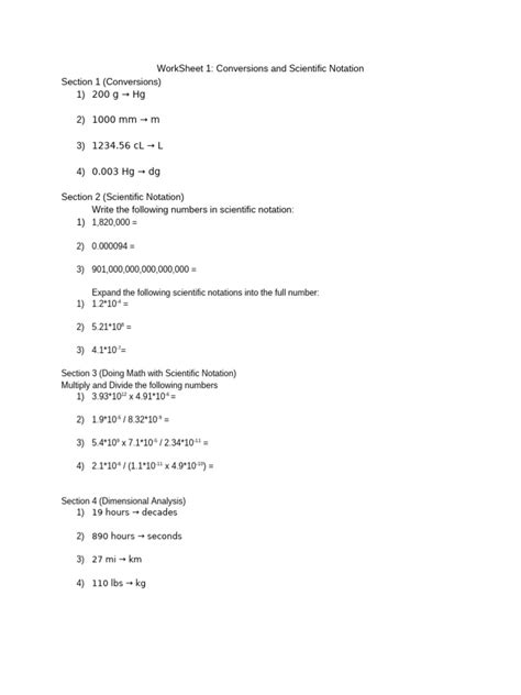 Worksheet 1 Conversions And Scientific Notation Pdf