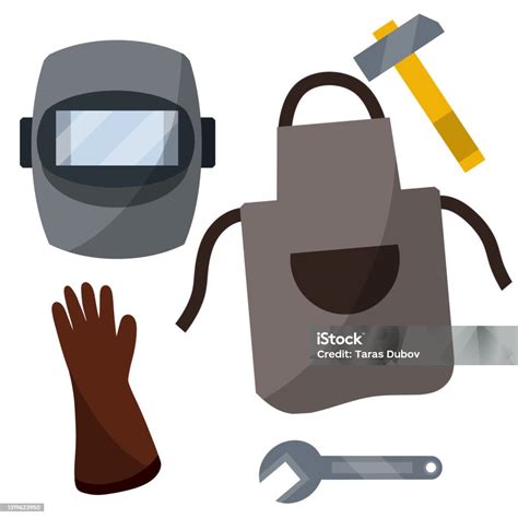 작동하는 개체 집합입니다 용접공의 옷과 안경 장갑 망치 렌치 플랜트의 산업 적 요소 안전 및 보안 수리 및 유지 보수 개체 그룹에 대한 스톡 벡터 아트 및 기타 이미지