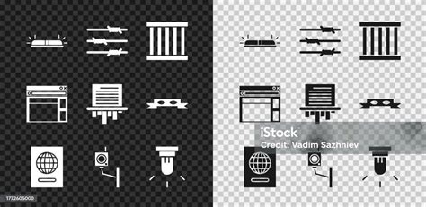 노출증 사이렌 철조망 감옥 창 여권 보안 카메라 모션 센서 웹 사이트 템플릿 및 종이 분쇄기 아이콘을 설정합니다 벡터 경찰관에 대한 스톡 벡터 아트 및 기타 이미지 Istock