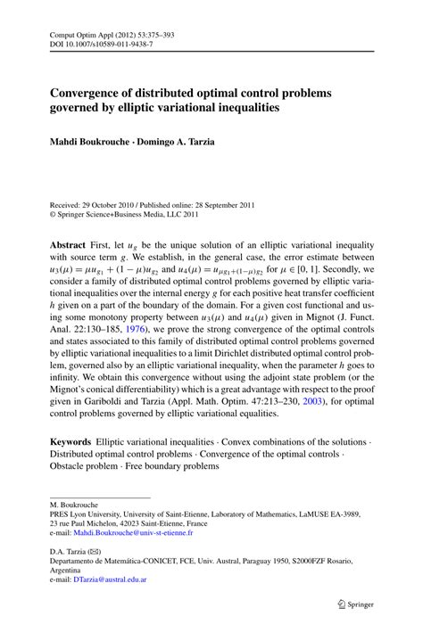 Pdf Convergence Of Distributed Optimal Control Problems Governed By