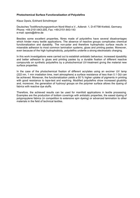 Pdf Photochemical Surface Functionalization Of Polyolefins