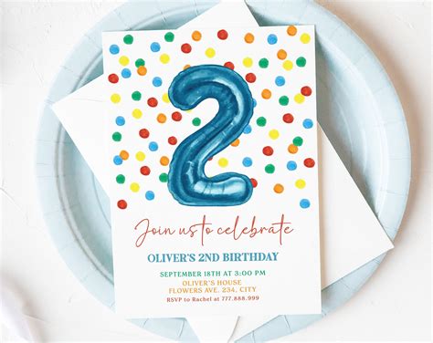 Boy 2nd Birthday Invitation Editable Colorful Confetti Second Birthday