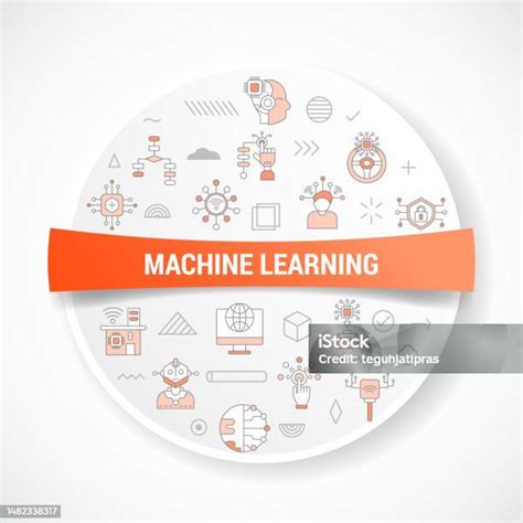 배지를 위한 원형 또는 원형 모양이 있는 아이콘 개념이 있는 기계 학습 개념machine Learning Concept With