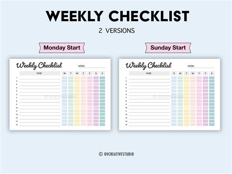 Editable Weekly Checklist Printable Weekly To Do List Etsy