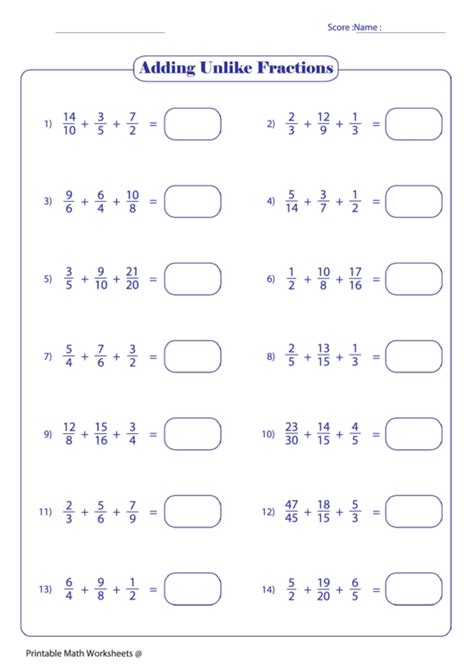 Adding Unlike Fractions Printable Pdf Download