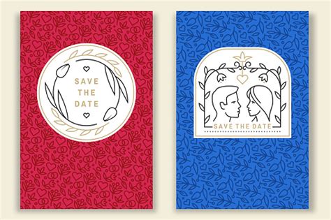 청첩장 전단지 포스터 배너 벡터 가는 선 기하학적 배지 날짜 초대장 디자인을 저장하기 위한 템플릿 및 요소를 디자인합니다 신혼부부와 나뭇잎 장식이 있는 현대적인 미니멀리스트