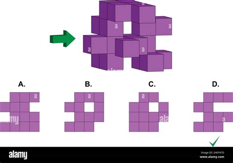 Iq Abstract Reasoning Question With One Main Object Made Of Cubes And Four Options As Side Views