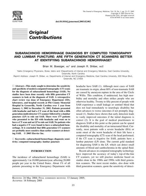 Pdf Subarachnoid Hemorrhage Diagnosis By Computed Tomography And Lumbar Puncture Are Fifth