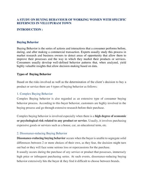 Buying Behaviour A STUDY ON BUYING BEHAVIOUR OF WORKING WOMEN WITH SPECIFIC REFERNCES IN Studocu