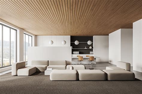 회의 보드와 휴식 공간 탁 트인 창문이 있는 사무실 공간 인테리어 0명에 대한 스톡 사진 및 기타 이미지 0명 3차원 형태 가구 Istock