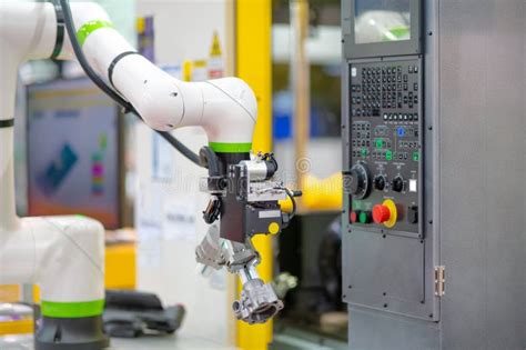 Collaborative Robot Is Automatically Feeding Part To CNC Machine Stock Photo Image Of Tool