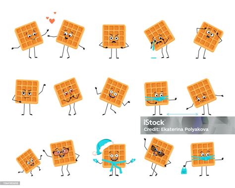 행복하거나 슬픈 감정 공황 사랑또는 용감한 얼굴 손과 다리 귀여운 캐릭터 벨기에 와플 와플에 대한 스톡 벡터 아트 및 기타 이미지 와플 가공의 인물 팔 신체 부분