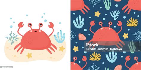 귀여운 붉은 게 산호 해초 또는 조류와 불가사리가 있는 해양 패턴 아기 지문 보육원 장식 벽지 포장지 문구류 스크랩북을 위한 디자인 벡터 배경 갈고리 발톱에 대한 스톡 벡터